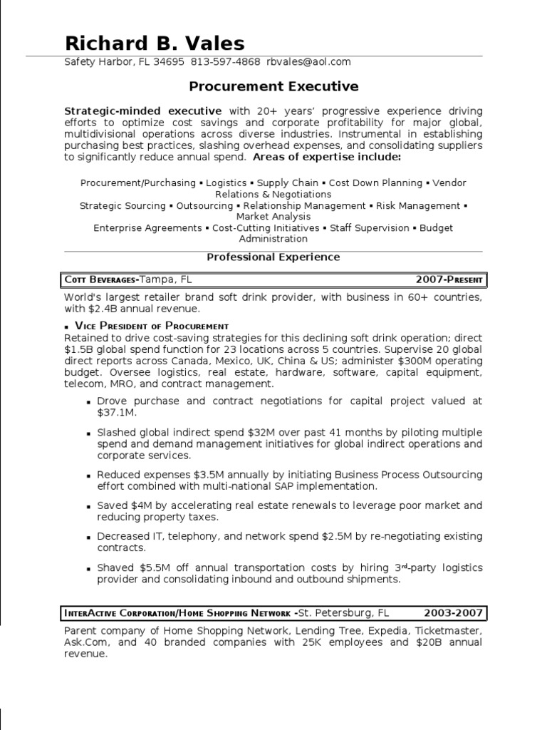 Vice President Purchasing in Tampa FL Resume Richard Vales | PDF ...