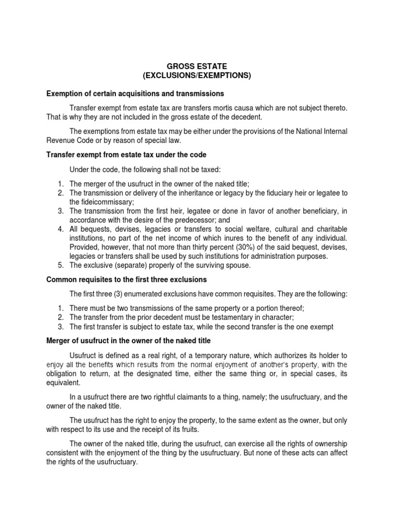 Gross Estate (Exclusions/Exemptions) : Exemption of Certain ...