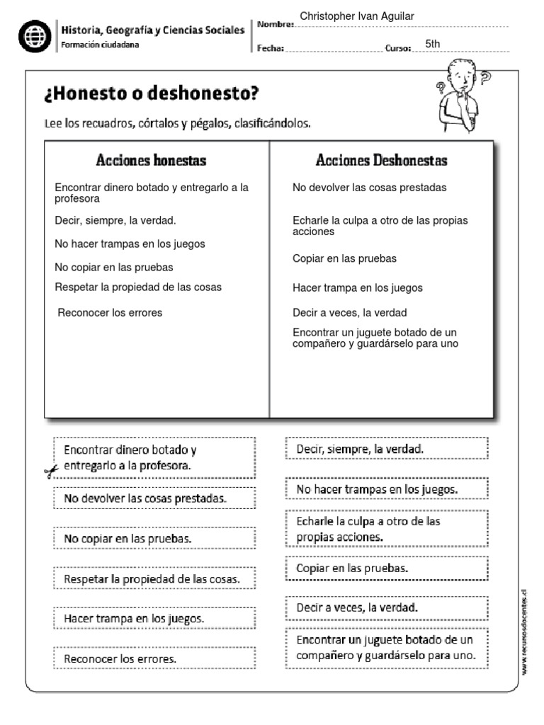 Hojas De Trabajo De Honestidad Honestidad | PPT