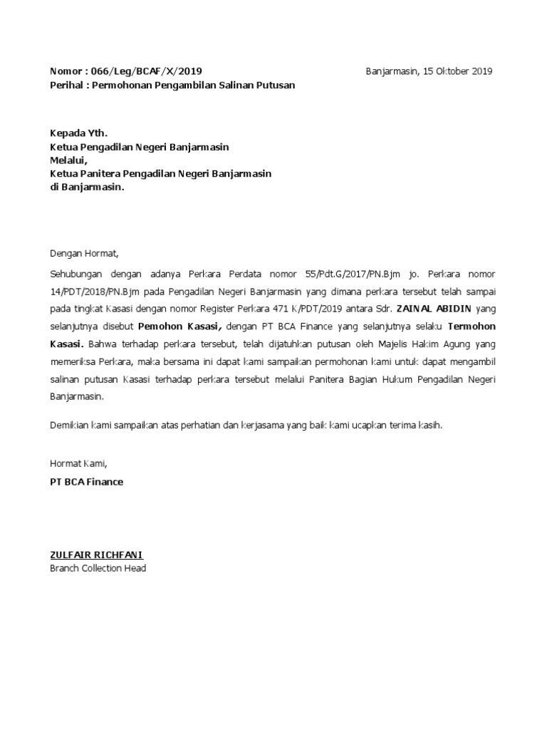 Surat Permohonan Salinan Putusan | PDF