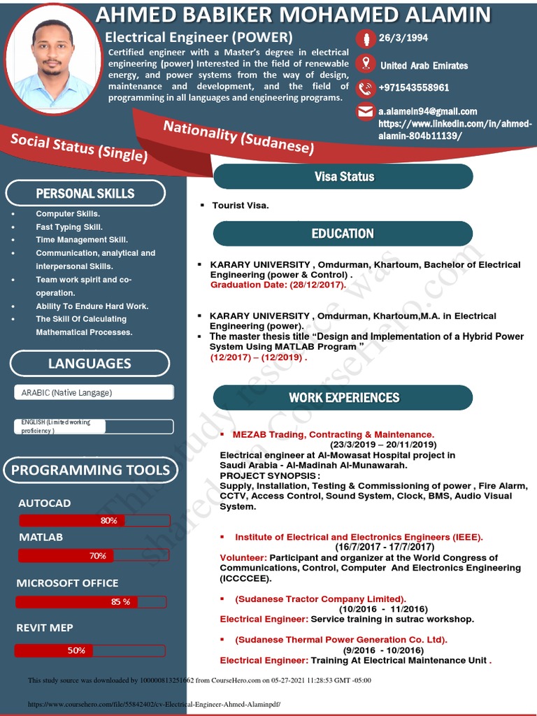 Electrical Engineer CV for Ahmed Babiker Mohamed Alamin | PDF | Electrical Engineering | Science ...
