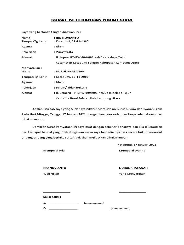 Surat Keterangan Nikah Sirri | PDF