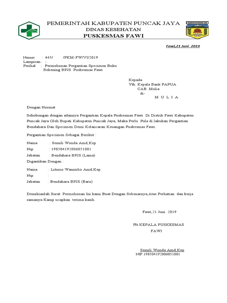 Permohonan Pergantian Specimen Bank | PDF