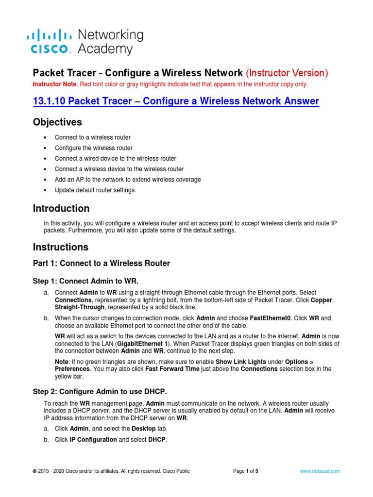 13 1 10 Packet Tracer Configure A Wireless Network Pdf Ip Address Wireless Lan