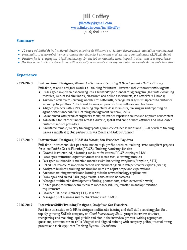 Jill Coffey Resume Id Learning Design 2021 | PDF | Instructional Design ...