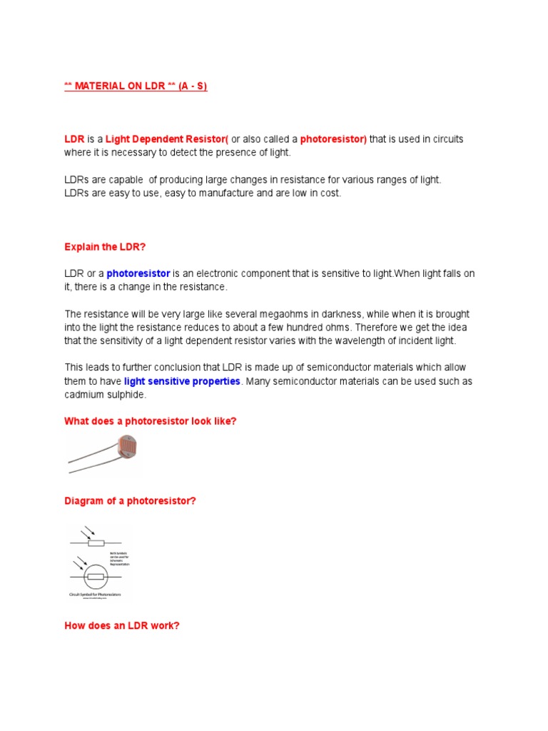 Material On LDR (A - S) : Photoresistor | PDF | Electrical Resistance ...