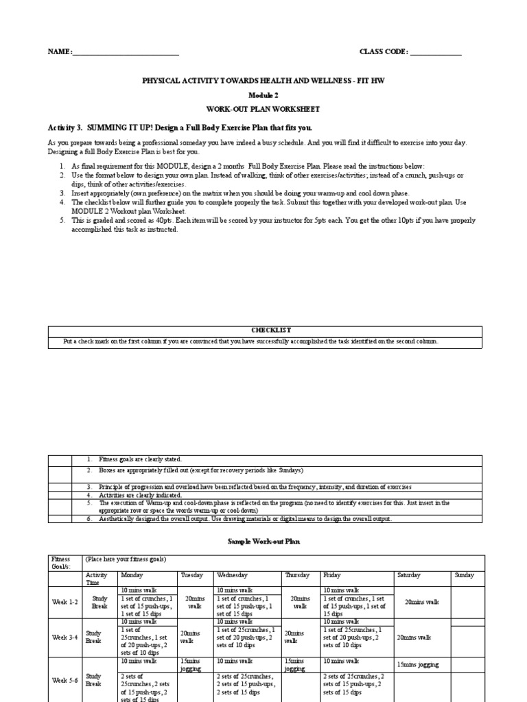 Module 2 Work Out Plan Worksheet | PDF | Physical Fitness | Teaching ...