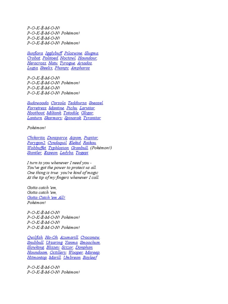 Pokémon Character List and Lyrics | PDF