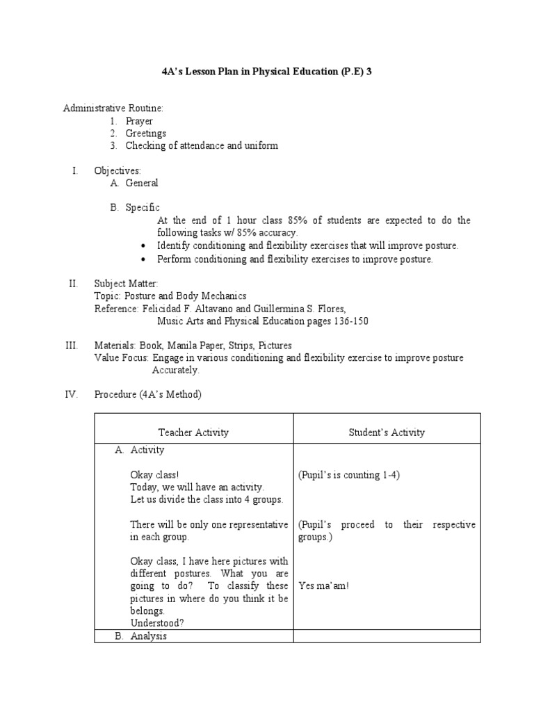 4a's Lesson Plan in Physical Education (P.E) 3 | PDF | Physical ...
