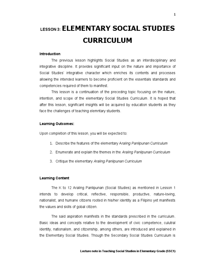 Elementary Social Studies Curriculum: Lesson 3 | PDF | Curriculum ...