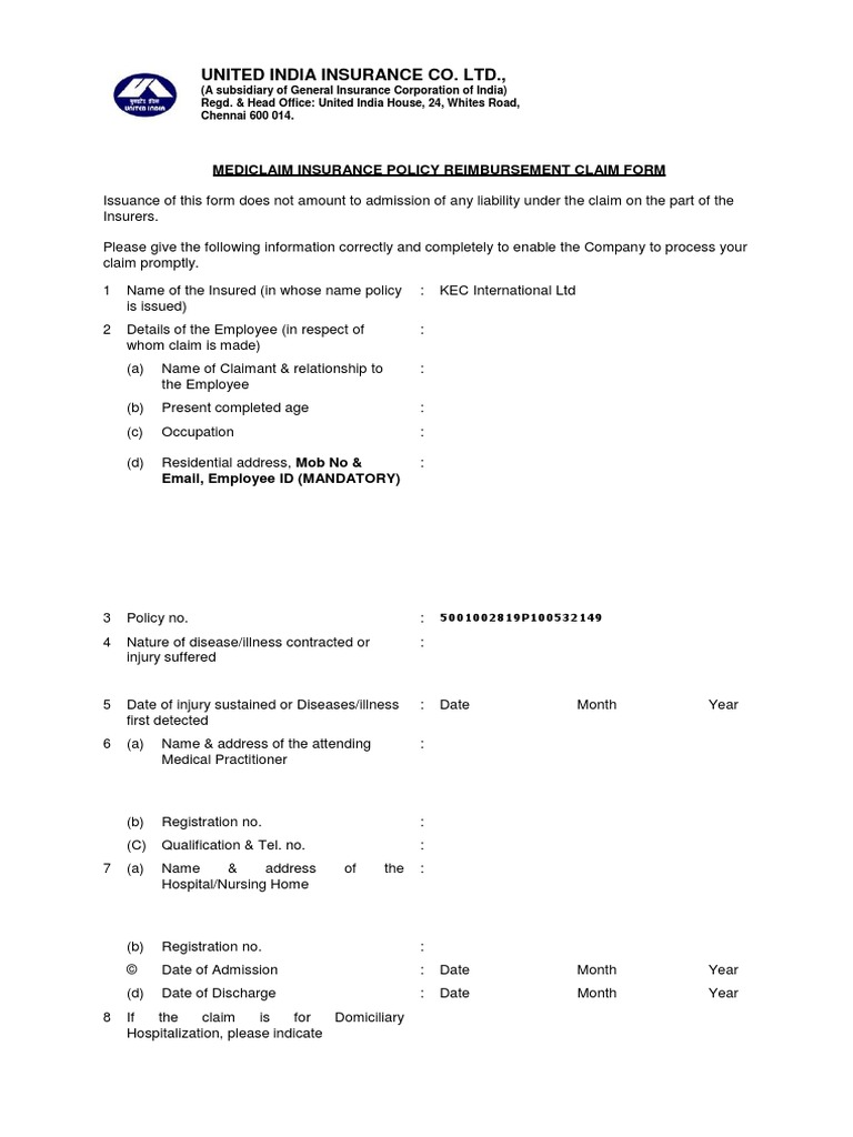 United India Insurance Co. LTD.,: Mediclaim Insurance Policy ...