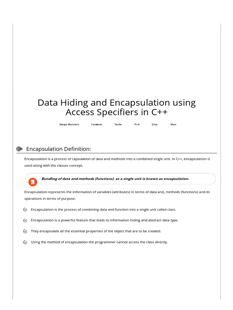 Data Hiding and Encapsulation Using Access Specifiers in C++ - C++ Programming Concepts | PDF ...