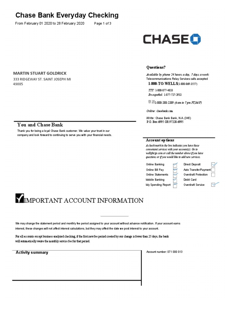 Chase Bank Everyday Checking: Important Account Information | PDF ...