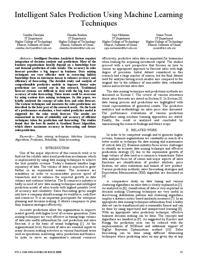 Intelligent Sales Prediction Using Machine Learning Techniques | PDF ...