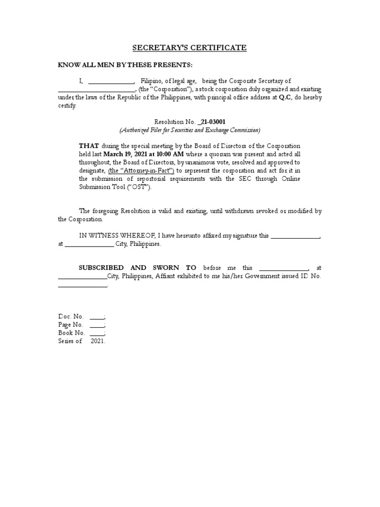 Secretary's Certificate for SEC Filing | PDF | Law
