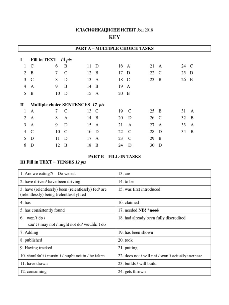 Part A - Multiple Choice Tasks I Fill in TEXT 13 Pts | PDF | Linguistic ...