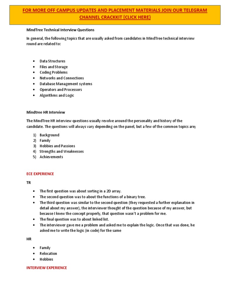 MindTree interview questions for technical and HR rounds | PDF | Data Management | Computer ...