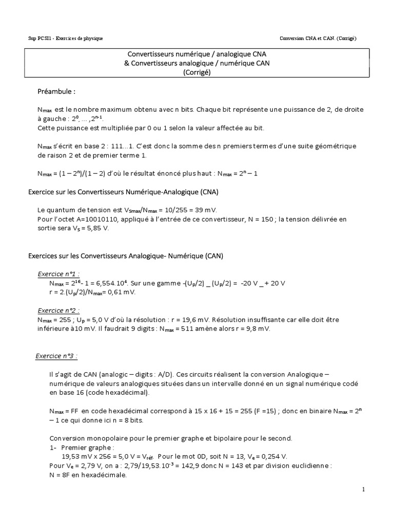 Exercices Physique: Conversion CNA/CAN | PDF | Échantillonnage (signal ...