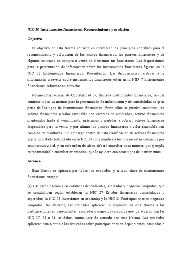 Nic 39 Trabajo | PDF | Instrumento financiero | normas internacionales ...