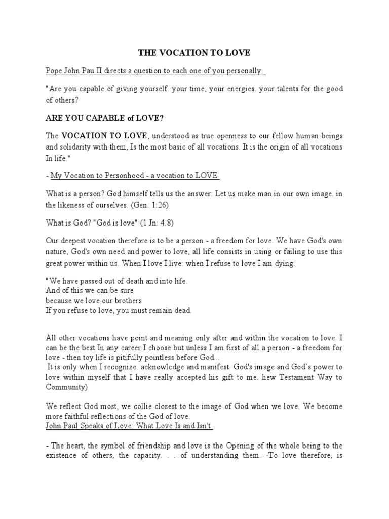 The Vocation To Love | PDF | Love | Human Nature