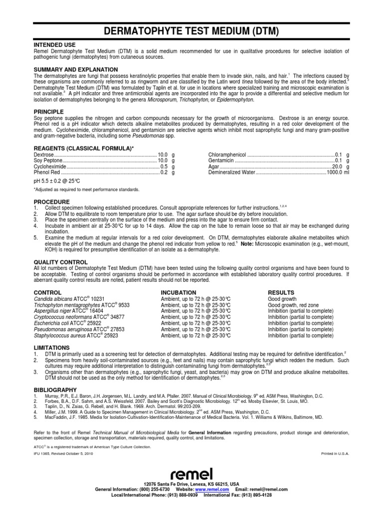 Dermatophyte Test Medium (DTM) : Intended Use | Download Free PDF ...