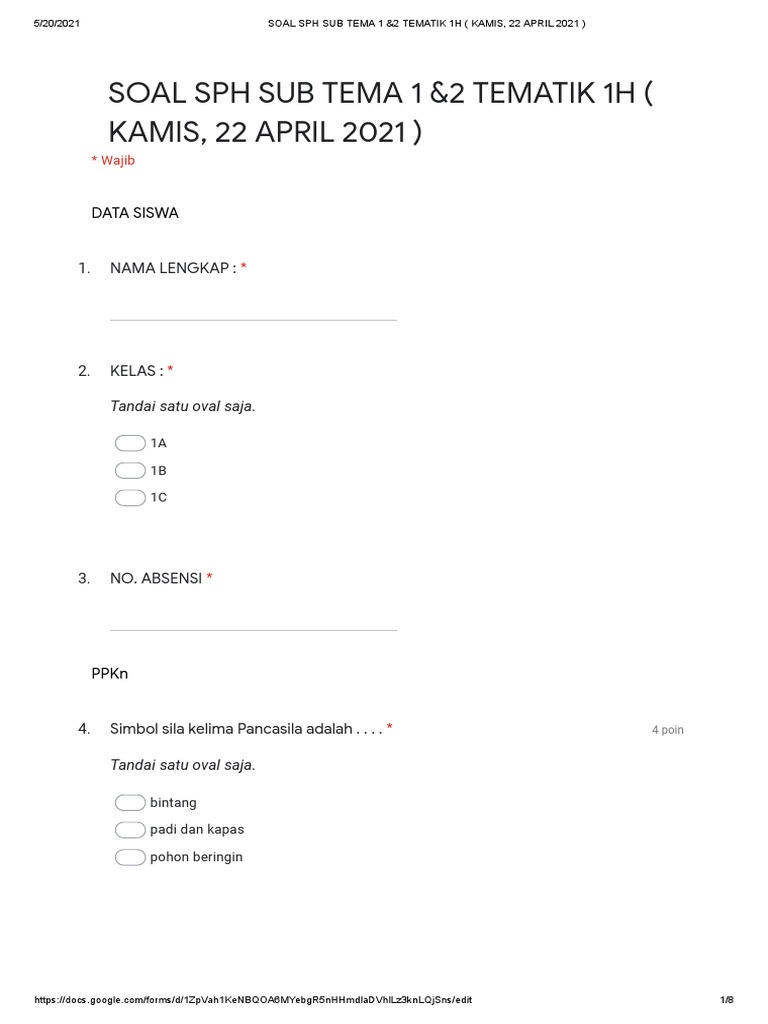 Soal SPH 1&2 Tematik 1h | PDF