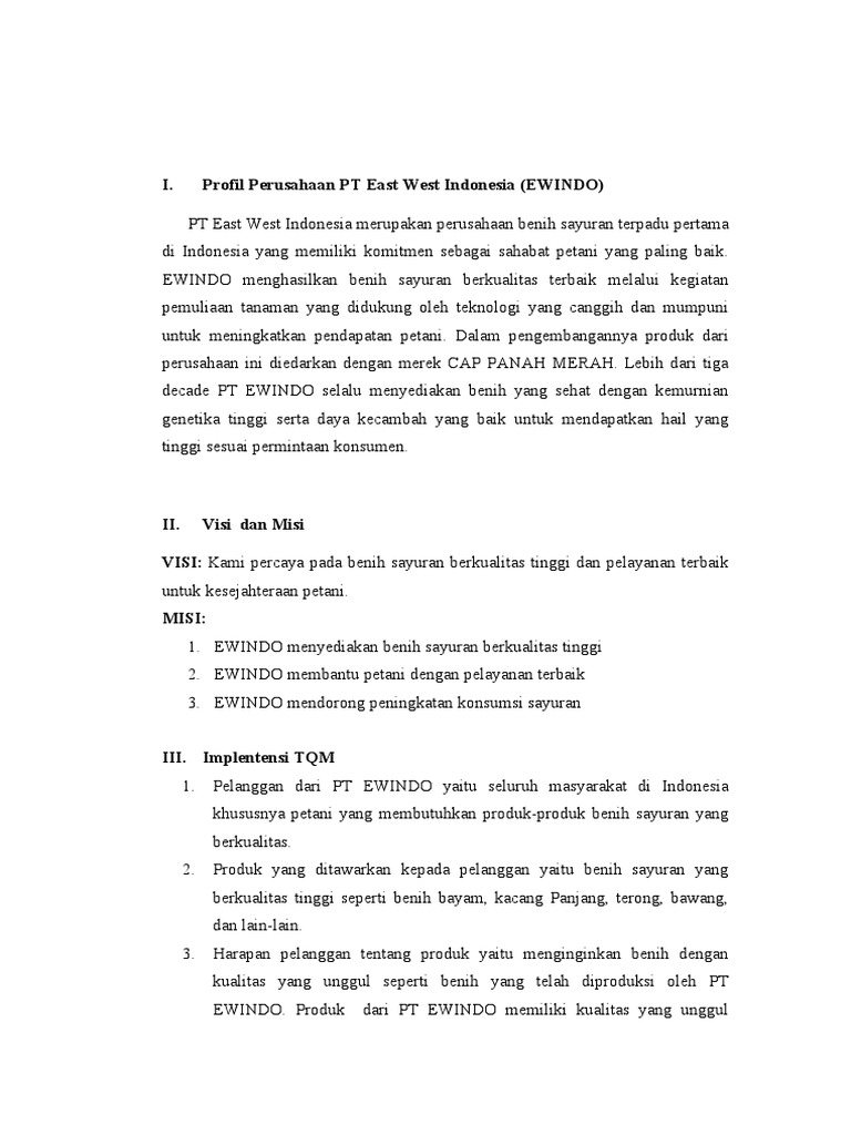 I. Profil Perusahaan PT East West Indonesia (EWINDO) | PDF | Kesehatan Holistik | Teknologi ...