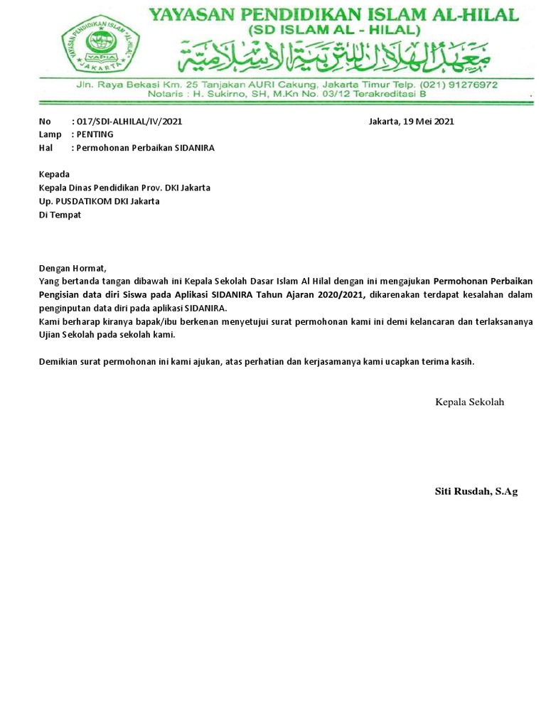 Surat Permohonan Perbaikan Sidanira | PDF