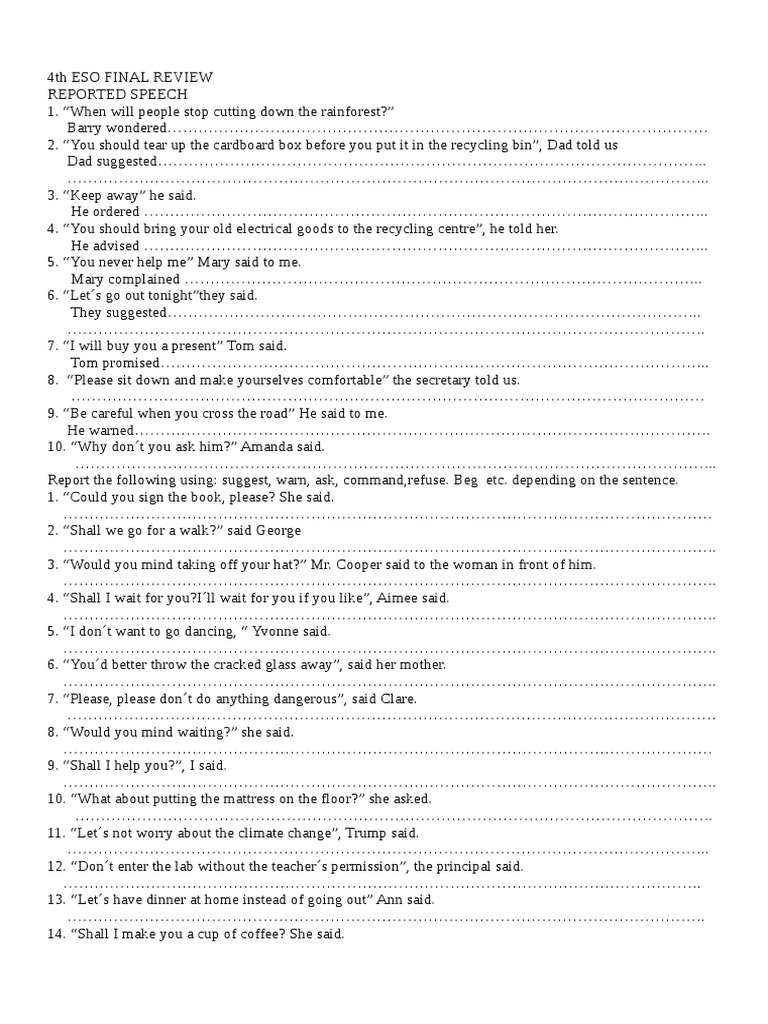 4 Eso Reviw Reported Speech Final | PDF