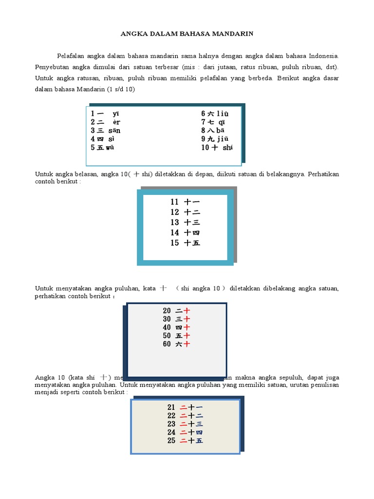 Angka Dalam Bahasa Mandarin | PDF | Metode & Bahan Ajar