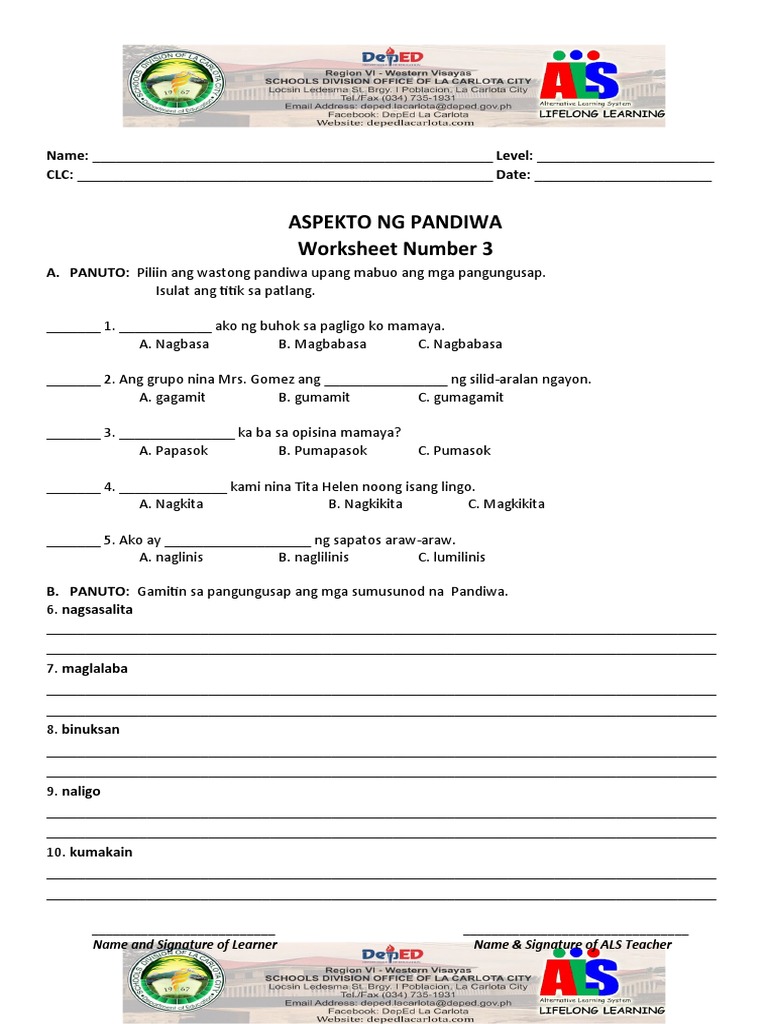 Worksheets Aspekto NG Pandiwa Lovely | PDF