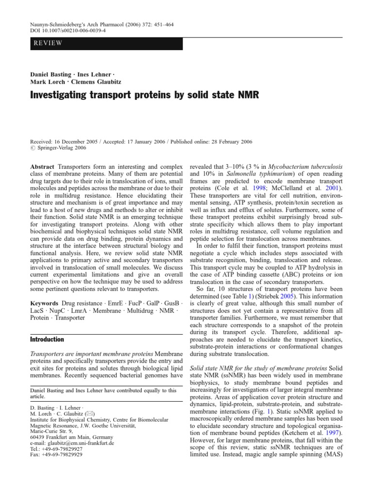 Investigating Transport Proteins by Solid State NMR | PDF | Proteins ...