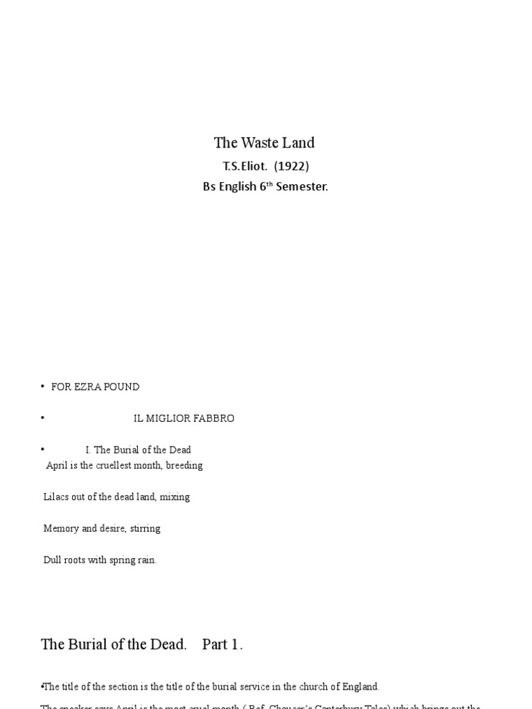 The Waste Land: T.S.Eliot. (1922) Bs English 6 Semester | PDF