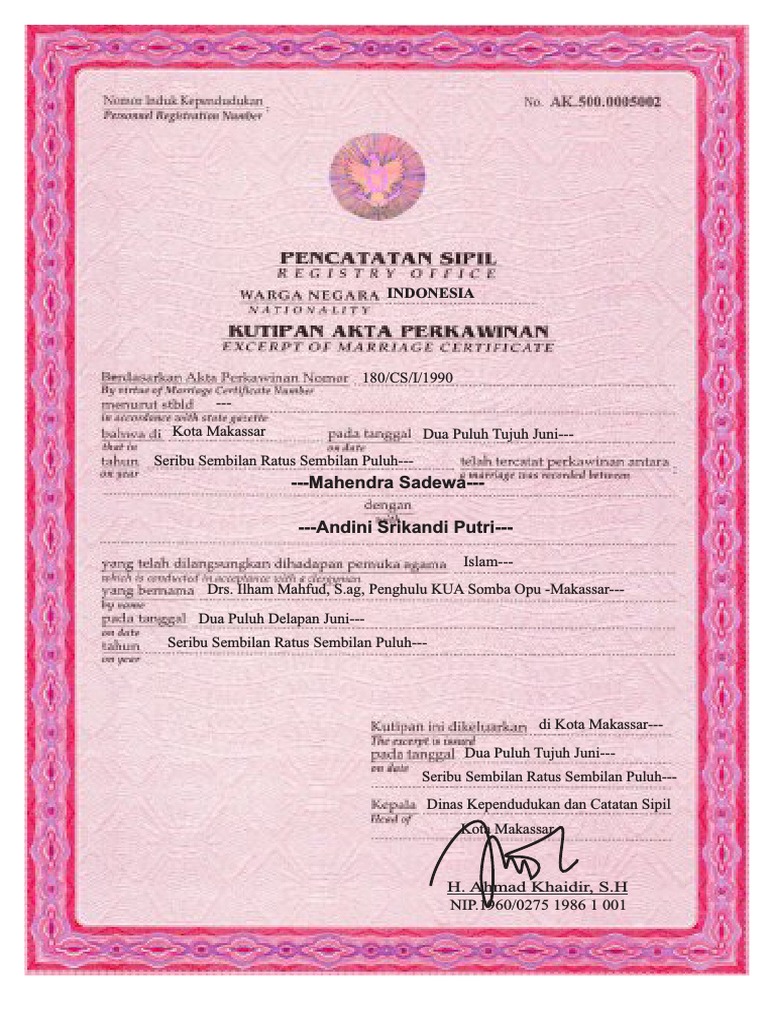 Contoh Akta Nikah KUA Islam 1990 | PDF