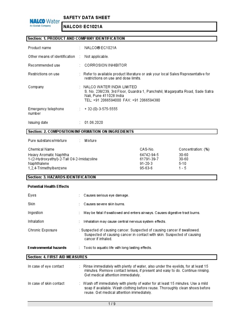Nalco Msds Ec 1021a | PDF | Personal Protective Equipment | Toxicity