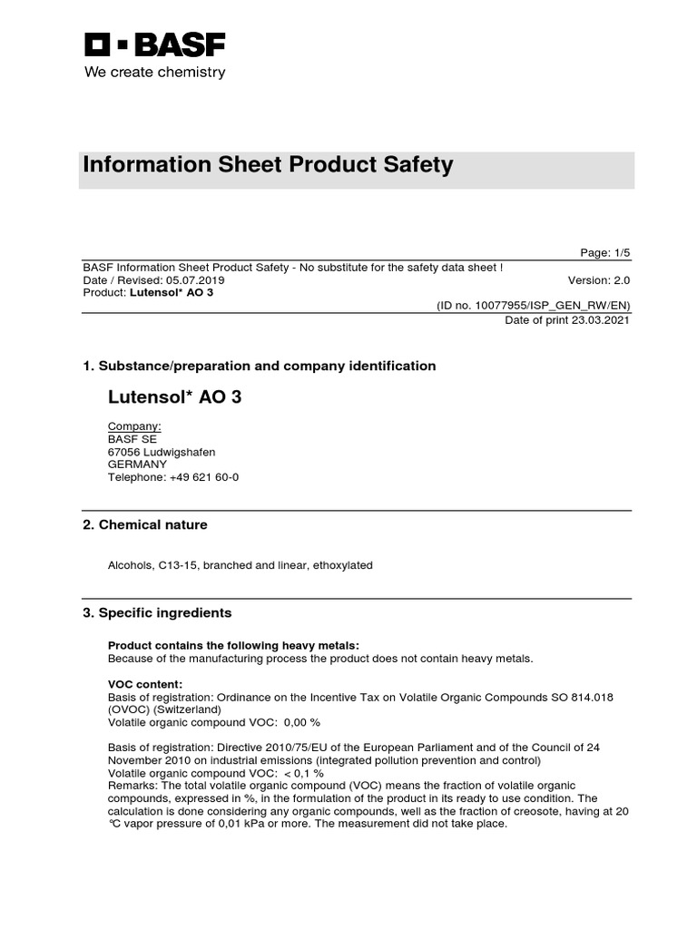 Lutensol AO 3 Safety Sheet | PDF | Volatile Organic Compound | Chemical ...