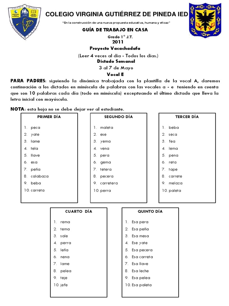 Dictado Semanal de Vocal E para 1° J.T. | PDF