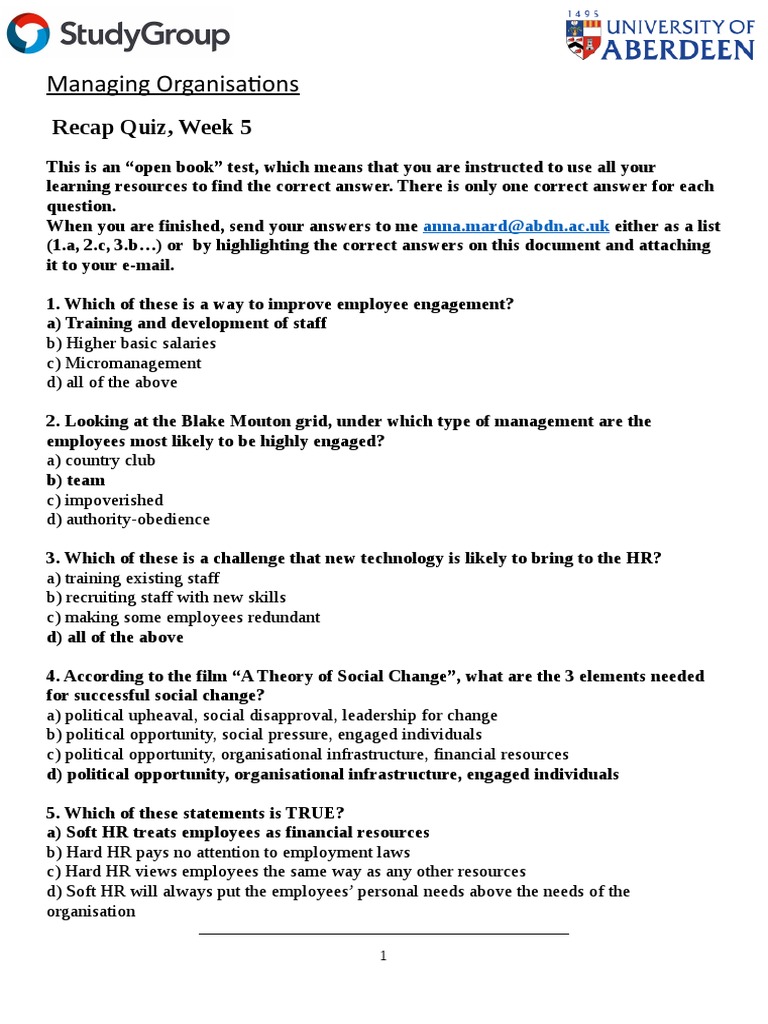 Managing Organisations: Recap Quiz, Week 5 | PDF | Goal | Employment