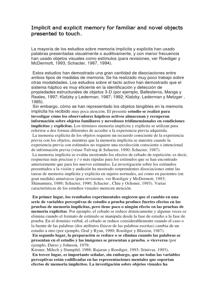 Implicit and Explicit Memory For Familiar and Novel Objects Presented To Touch. | PDF | Memoria ...