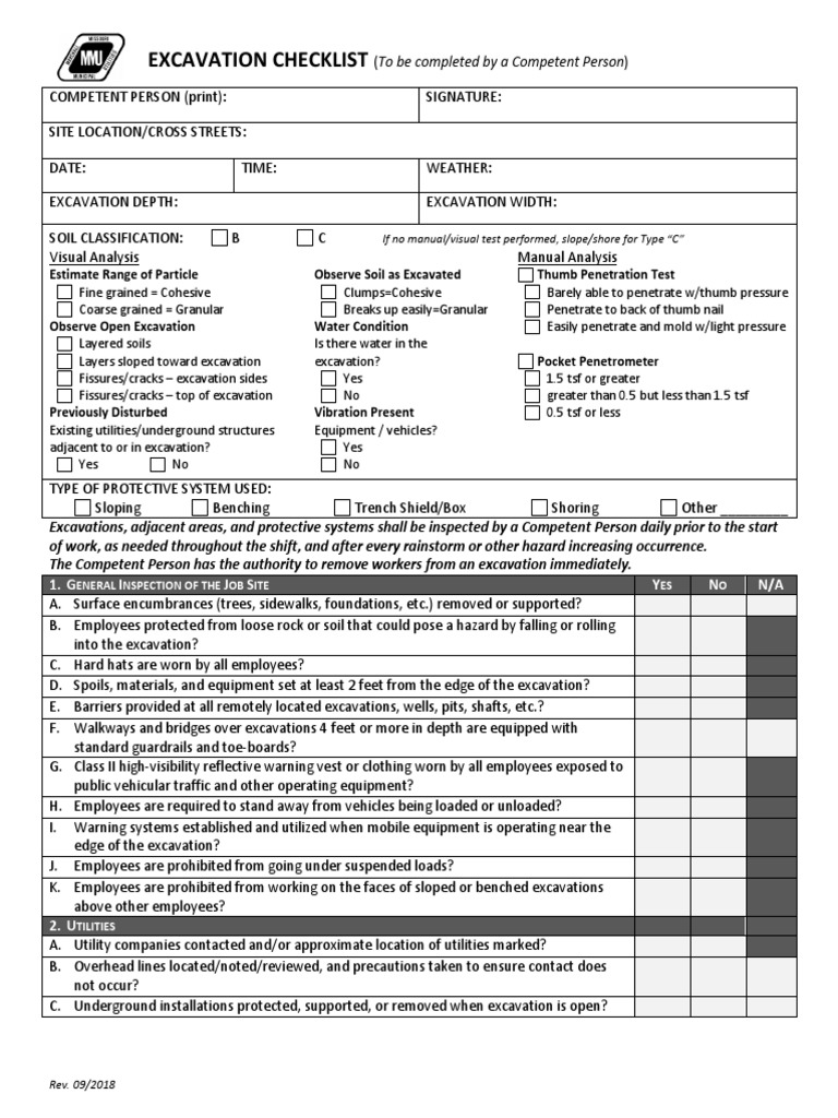 Excavations and Trenching1 Checklist | Safety | Nature