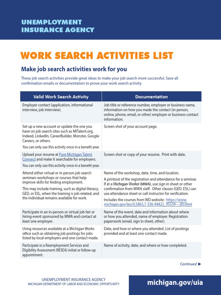 Work Search Activities List: Unemployment Insurance Agency | PDF ...