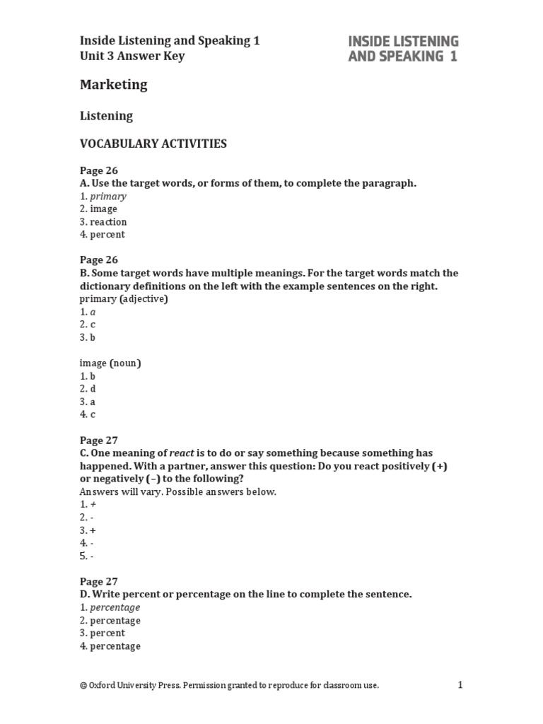 Marketing: Inside Listening and Speaking 1 Unit 3 Answer Key | PDF ...
