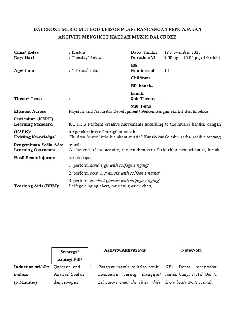 DALCROZE MUSIC METHOD LESSON PLAN (Hana) | PDF | Musicology ...