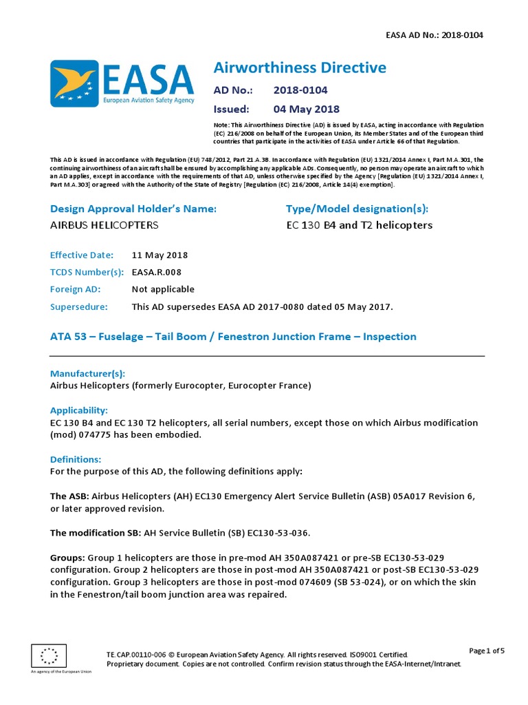 Airworthiness Directive: Design Approval Holder's Name: Type/Model ...