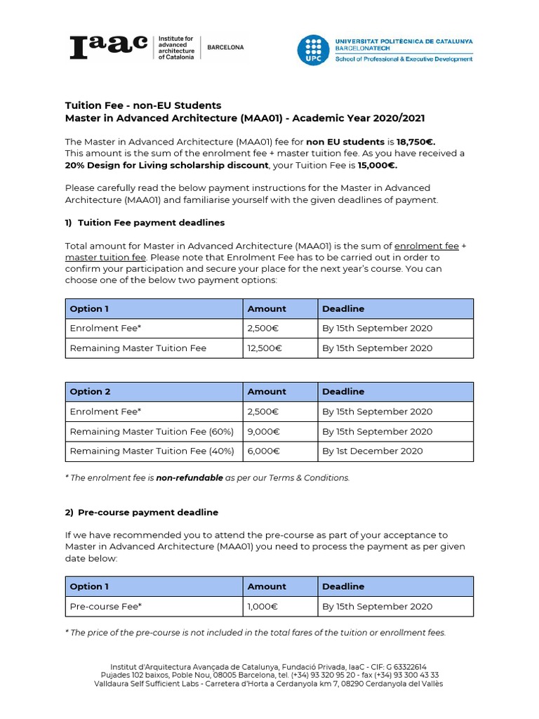 Tuition Fees MAA01 - non-EU | PDF | Tuition Payments | Fee