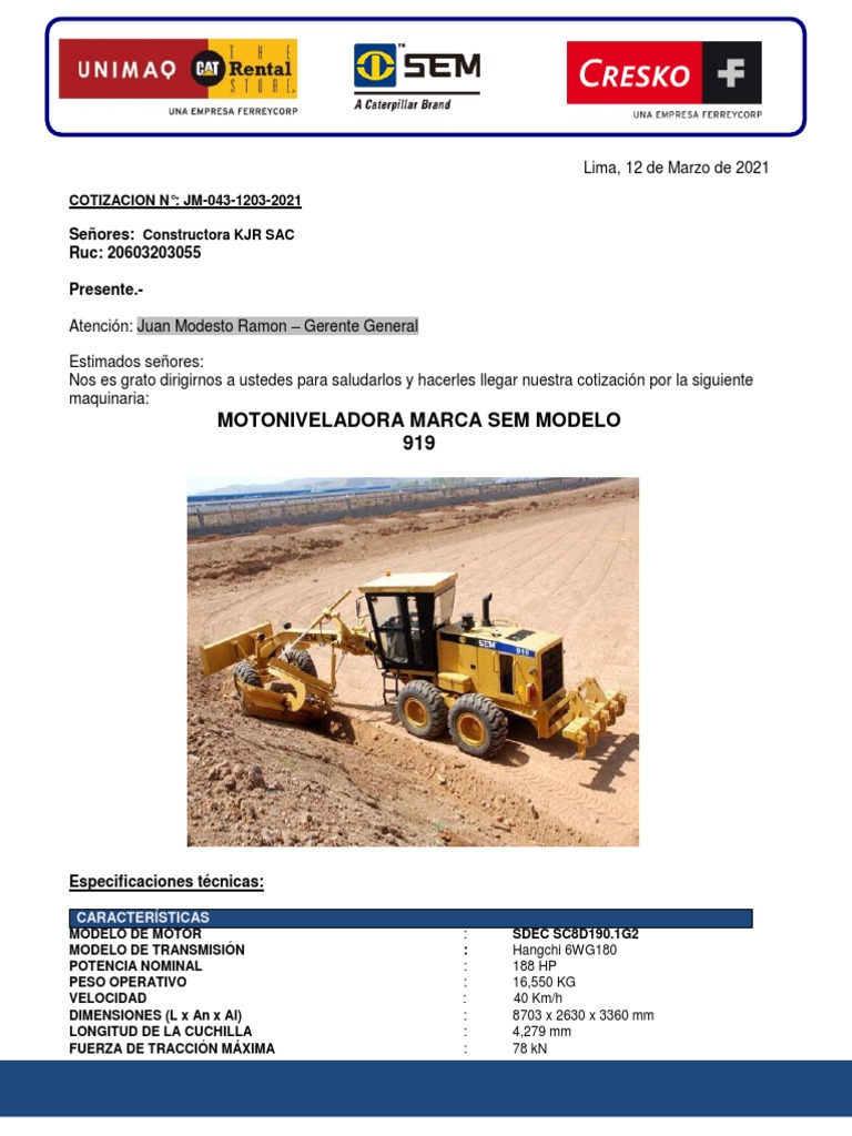 Motoniveladora SEM 919-CONSTRUCTORA KJR SAC | PDF | Estilos de carrocería | Transporte