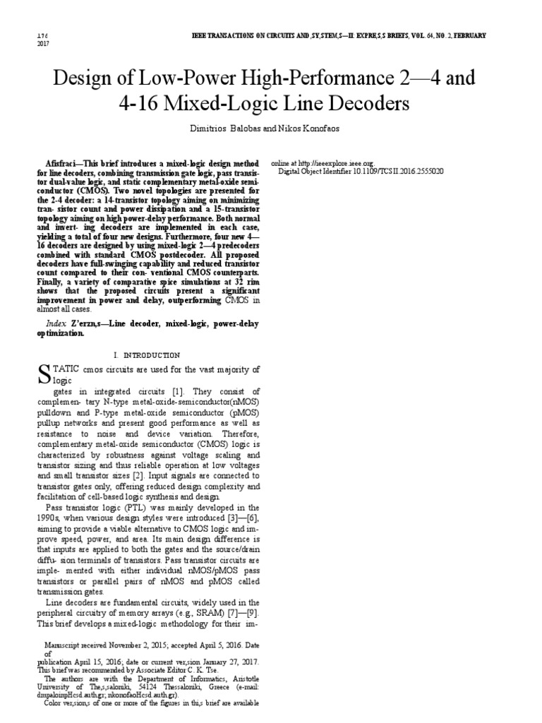 Design of Low-Power High-Performance 2-4 and 4-16 Mixed-Logic Line Decoders | PDF | Cmos | Logic ...