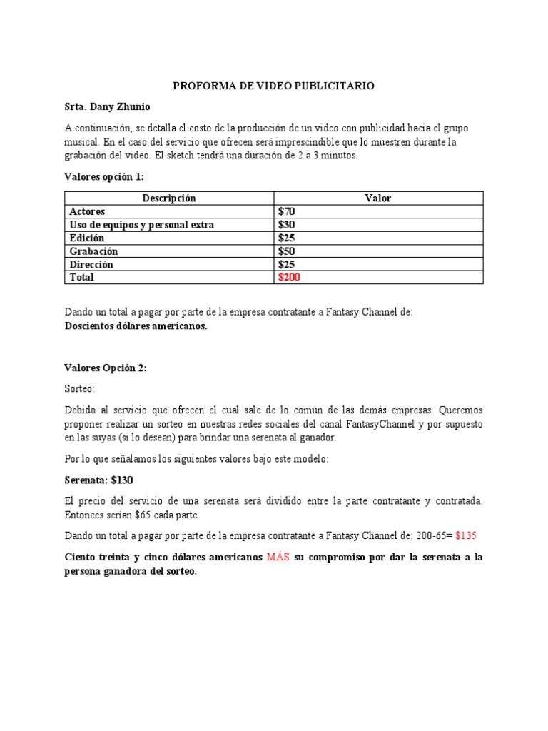 Proforma de Video Publicitario | PDF | Juegos y actividades