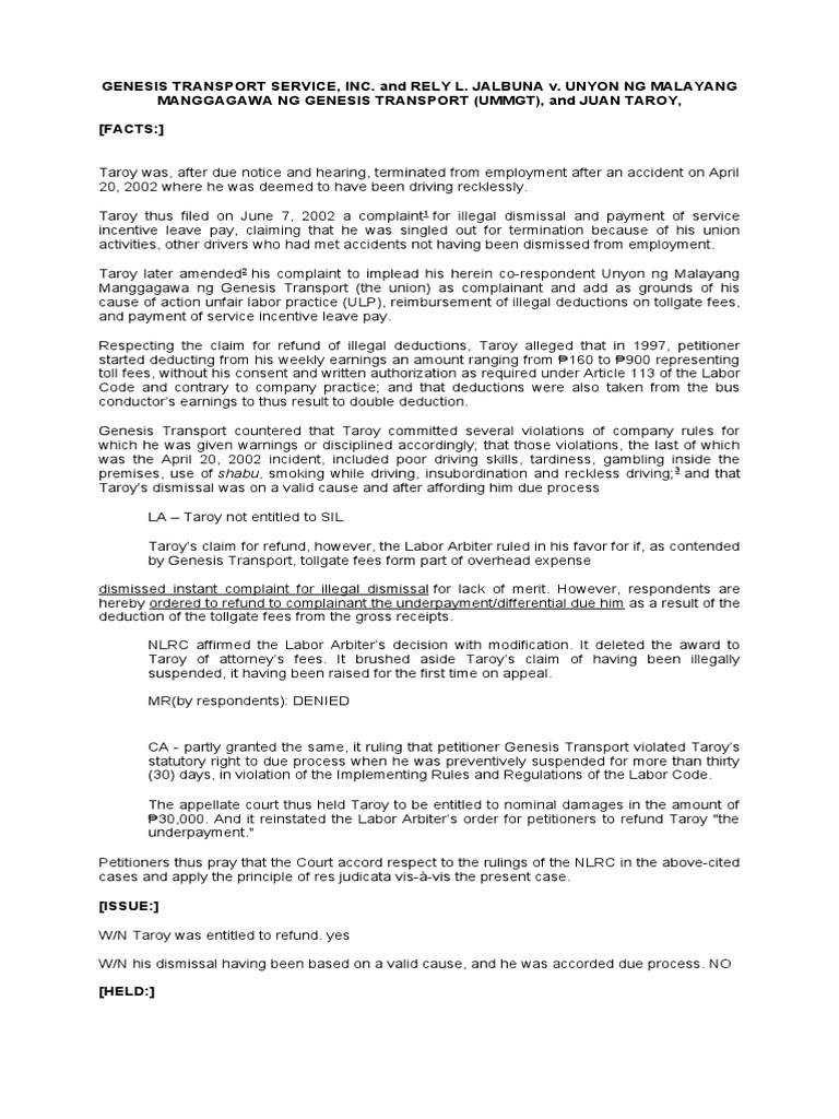 74-LABOR - Genesis v. Taroy | PDF | Employment | Labour Law