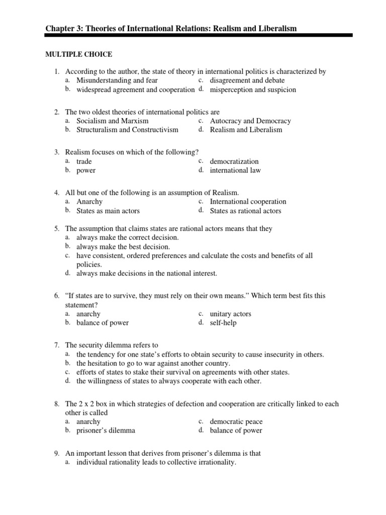 Chapter 3: Theories of International Relations: Realism and Liberalism ...